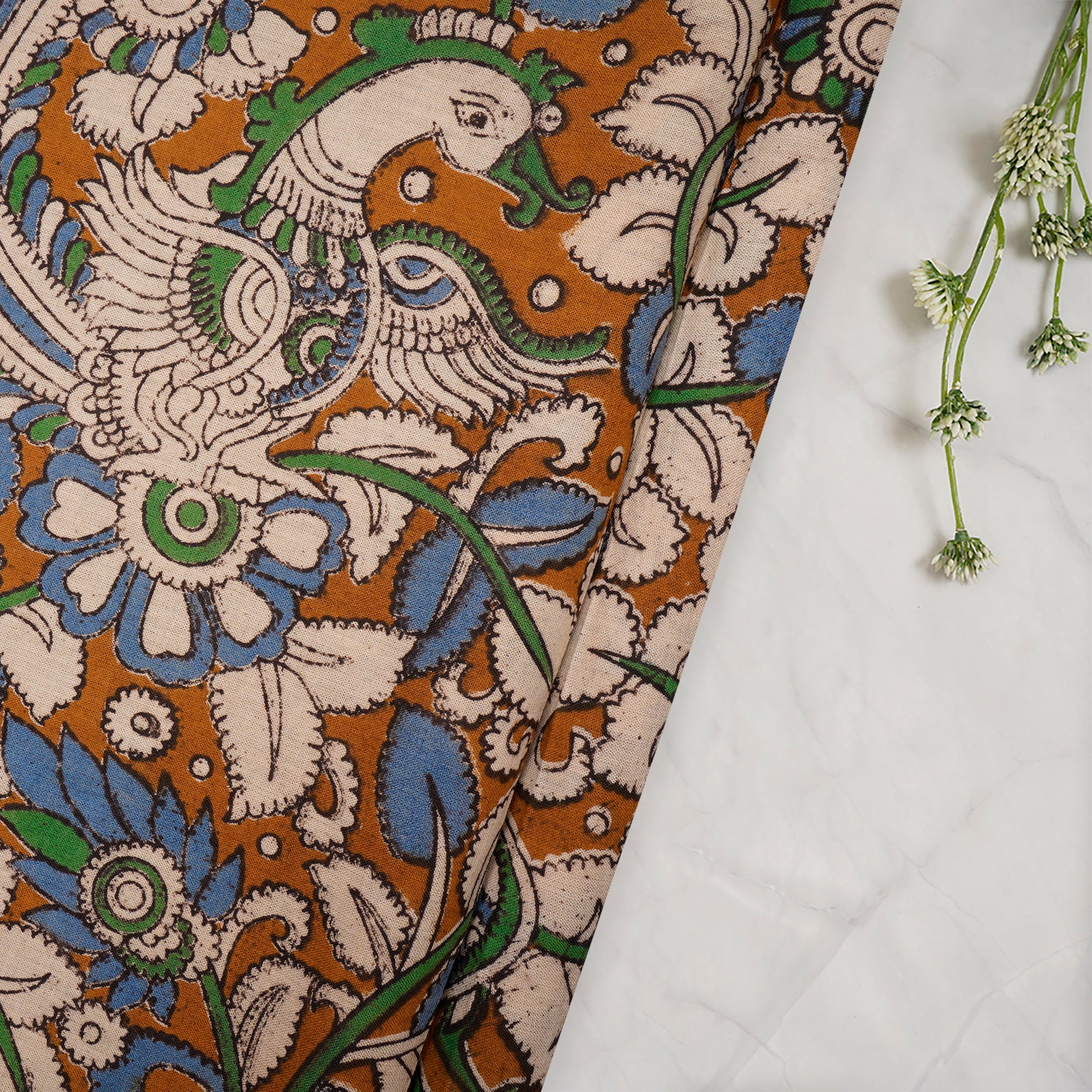 Buy (Pre-Cut 3.00 Mtr)Multi Color Floral Pattern Screen Printed kalamkari Cotton Fabric| FFAB