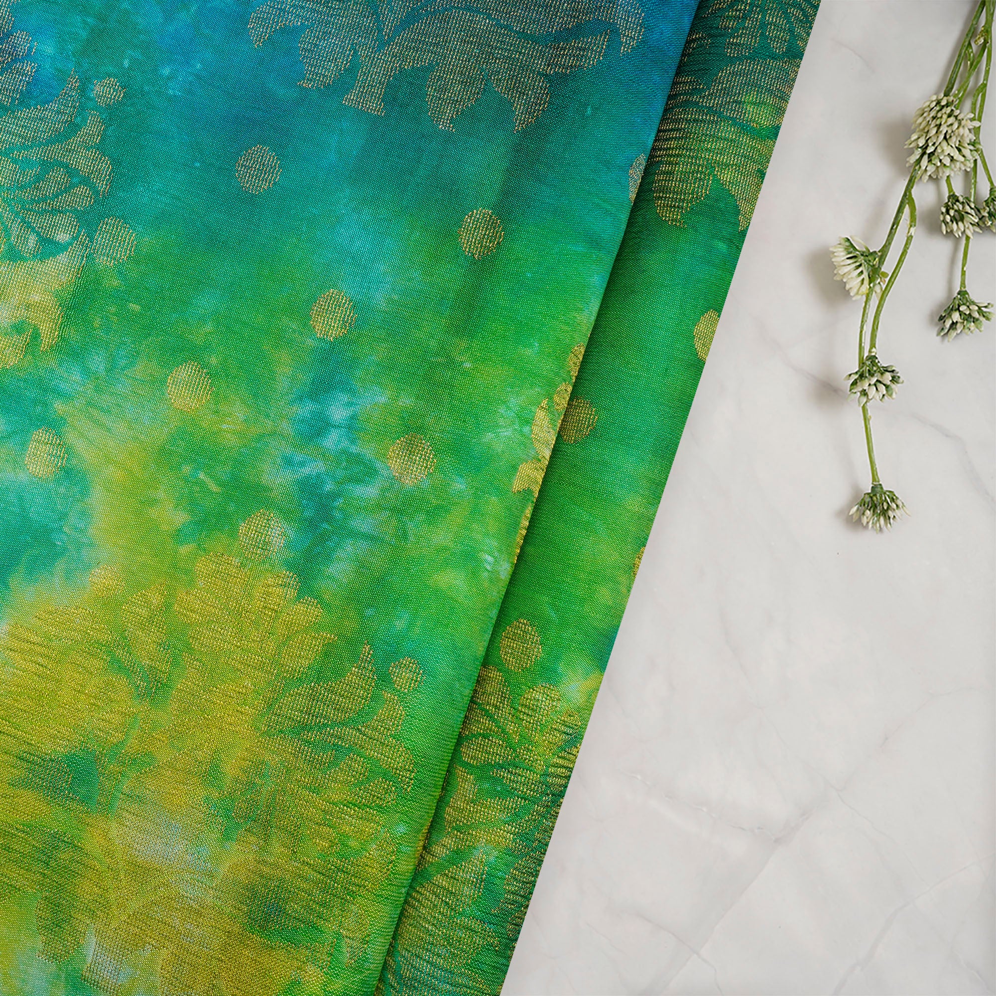 Buy (Pre-Cut 1.00 Mtr) Green-Blue Floral Motif Pattern Silk Jacquard Fabric| FFAB