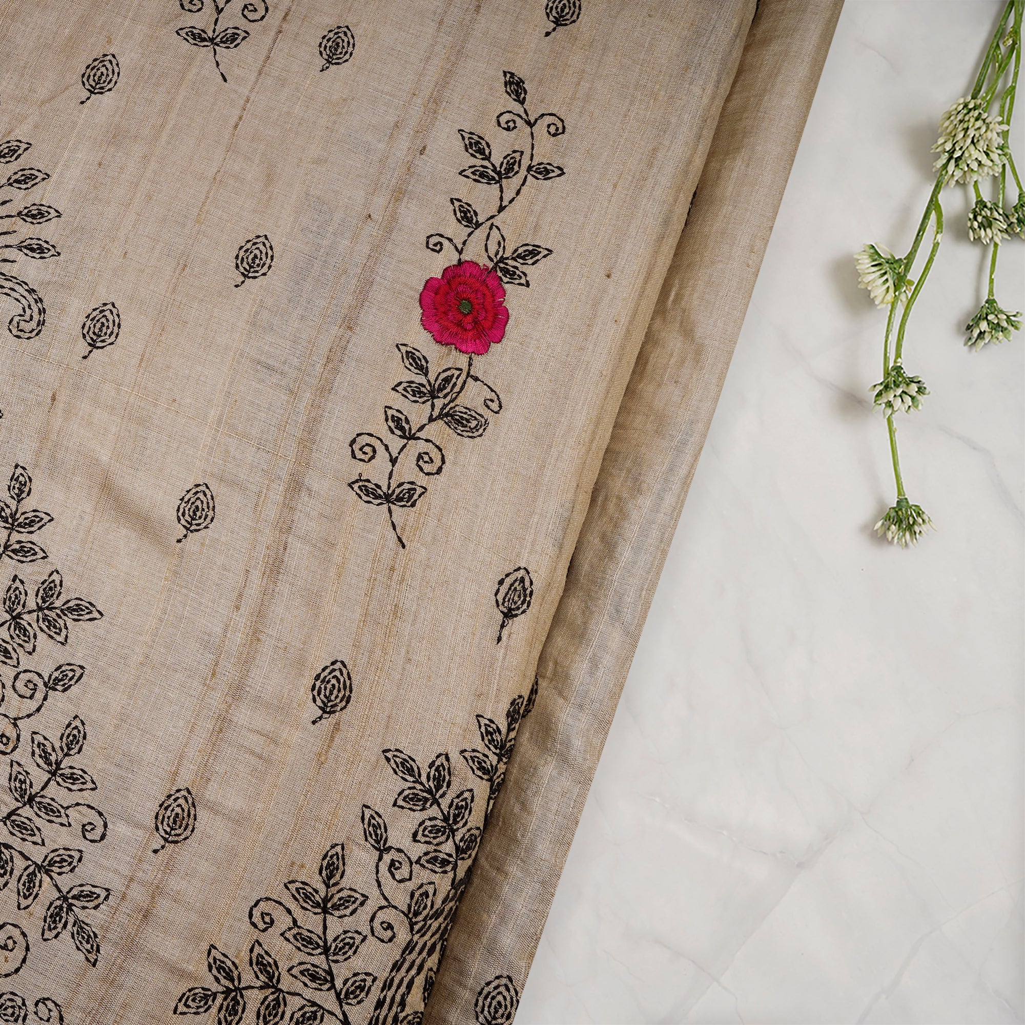 Buy Natural Beige Border Booti Pattern Embroidered Tusser Silk Fabric ...