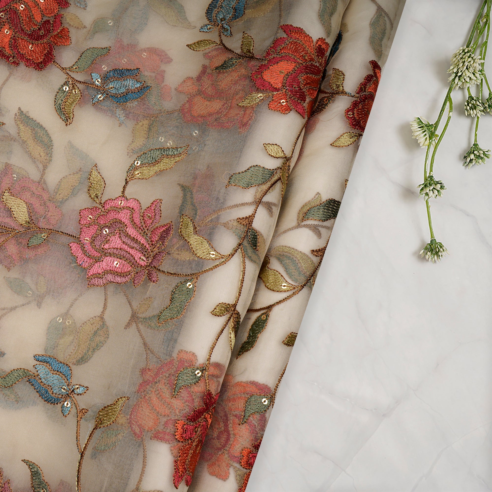 Buy Off-White Dyeable All Over Pattern Thread & Sequin Embroidered ...