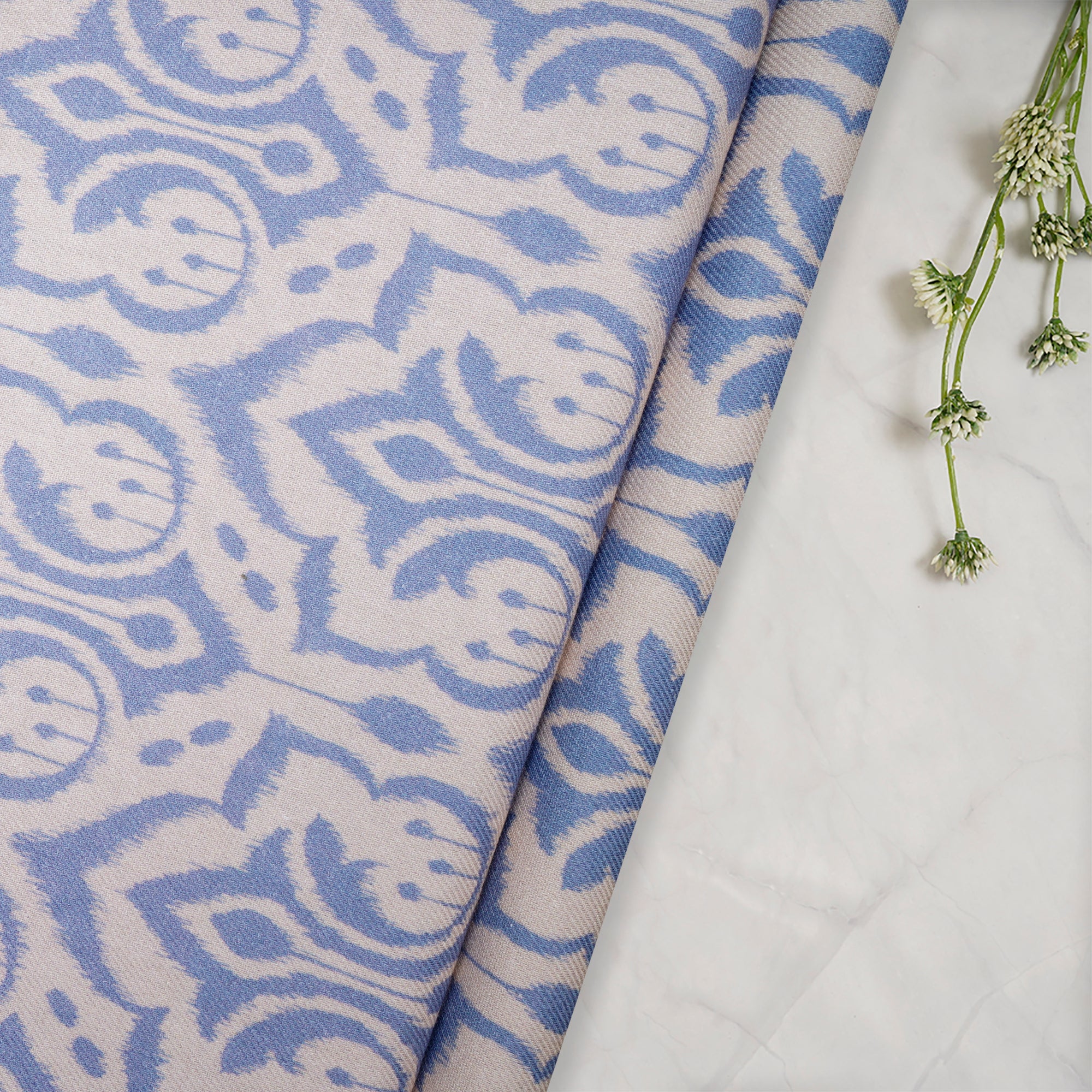 Buy Blue-White Ikat Pattern Digital Print Fancy Linen Fabric 93541-G12 ...