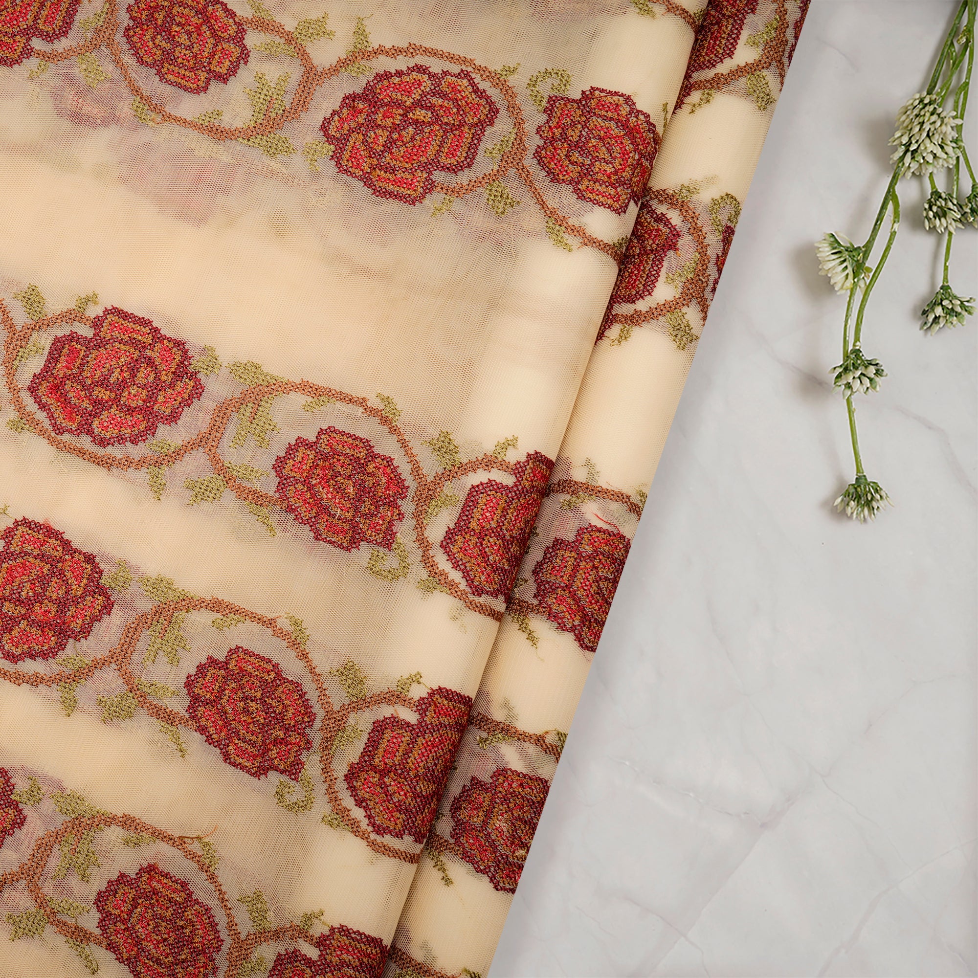 Buy Beige Color Embroidered Nylon Net Fabric 69526/1 | FFAB