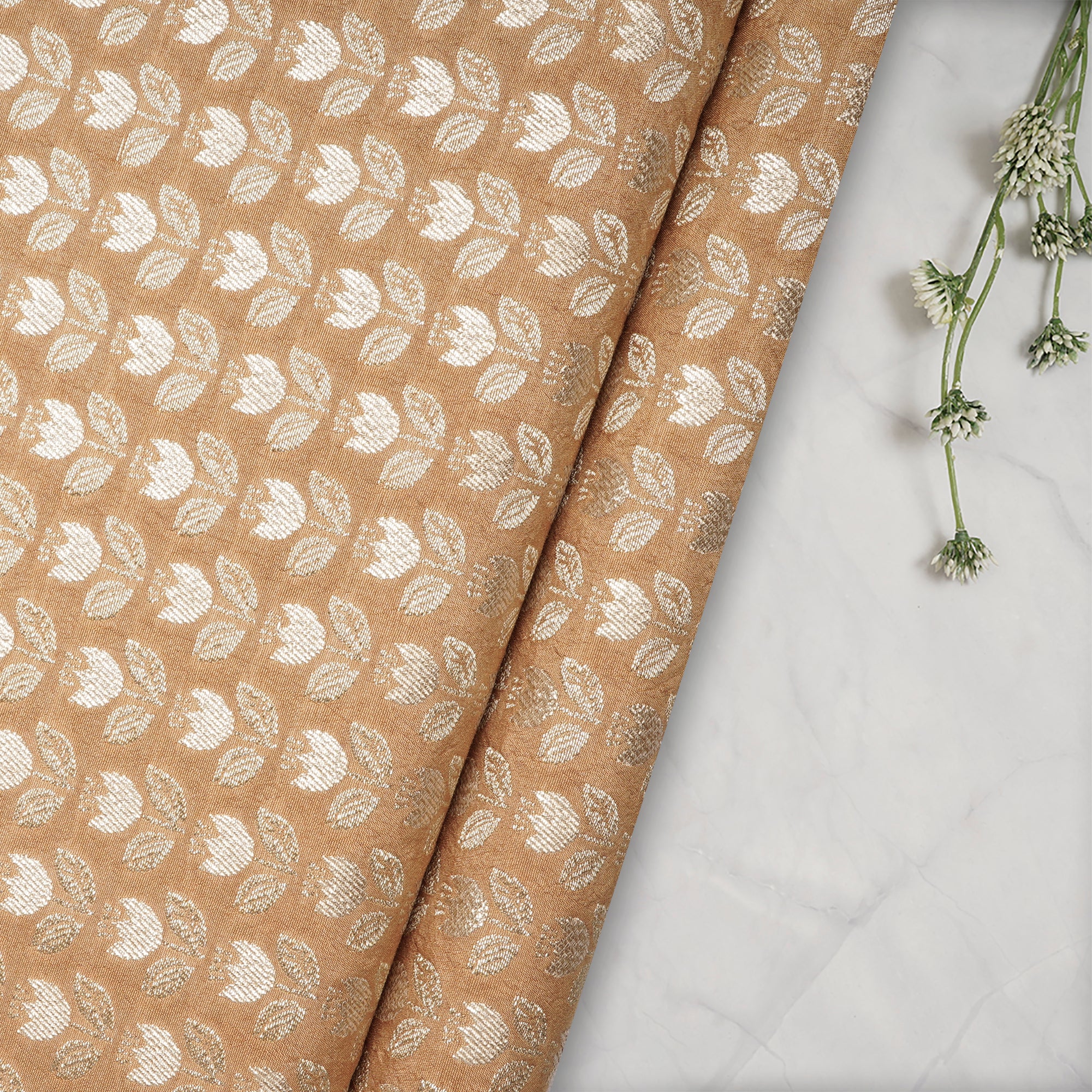 Buy Amber Gold Floral Booti Pattern Blended Banarasi Brocade Fabric ...