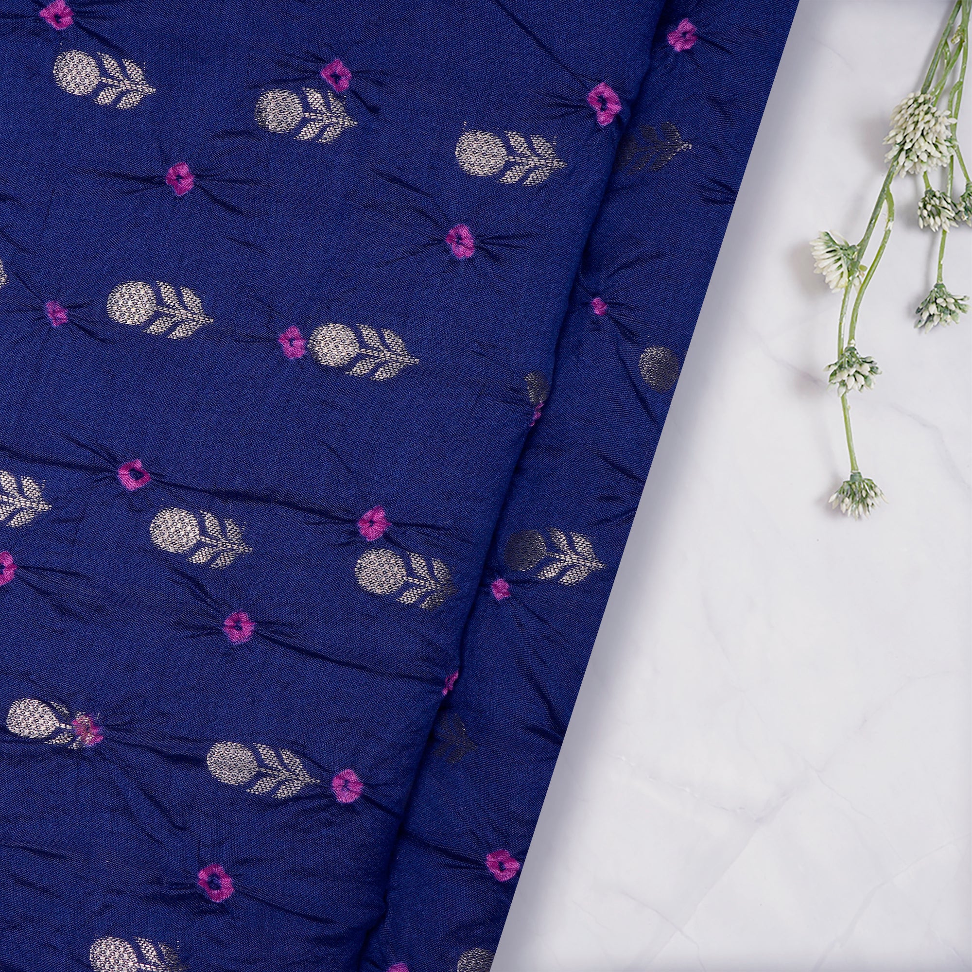 Buy Navy Blue Natural Dye Bandhni pattern Chiniya Jari Silk Fabric ...