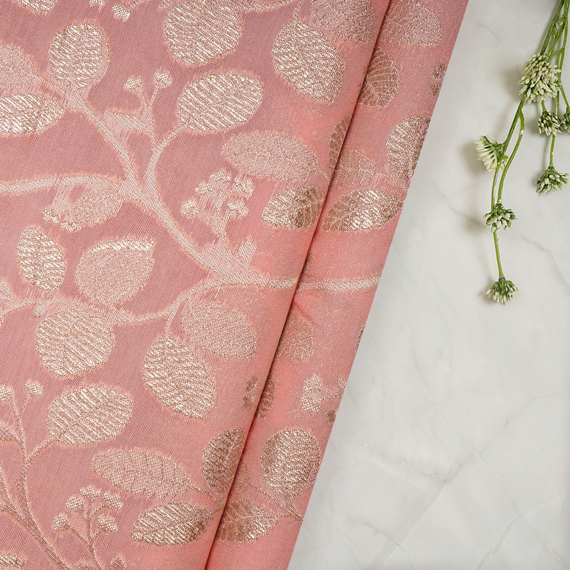 Buy Gossamer Pink Leaf Pattern Blended Banarasi Brocade Fabric 70395/3 ...