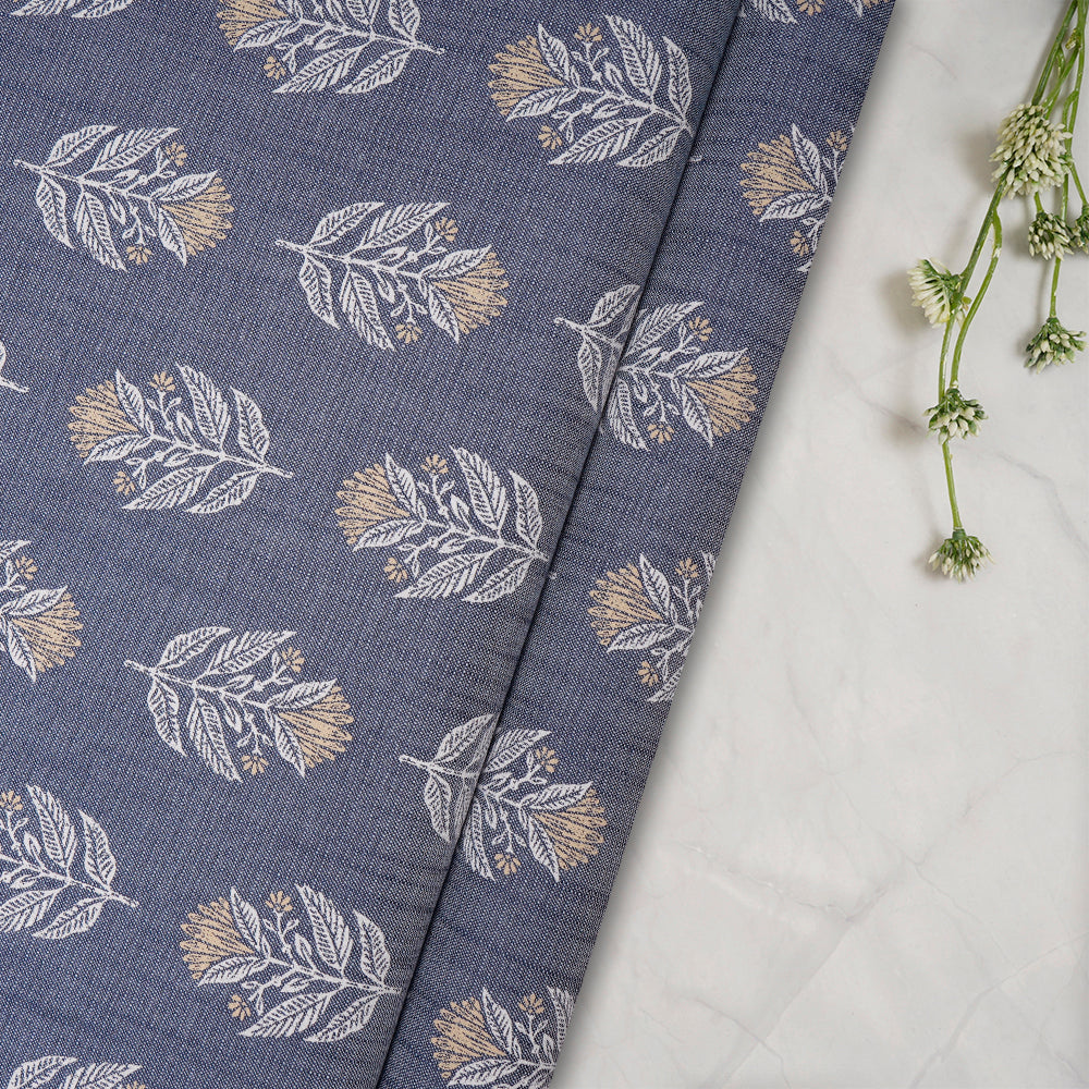 Buy Light Blue Floral Motif Pattern Printed Cotton Chambray Fabric ...