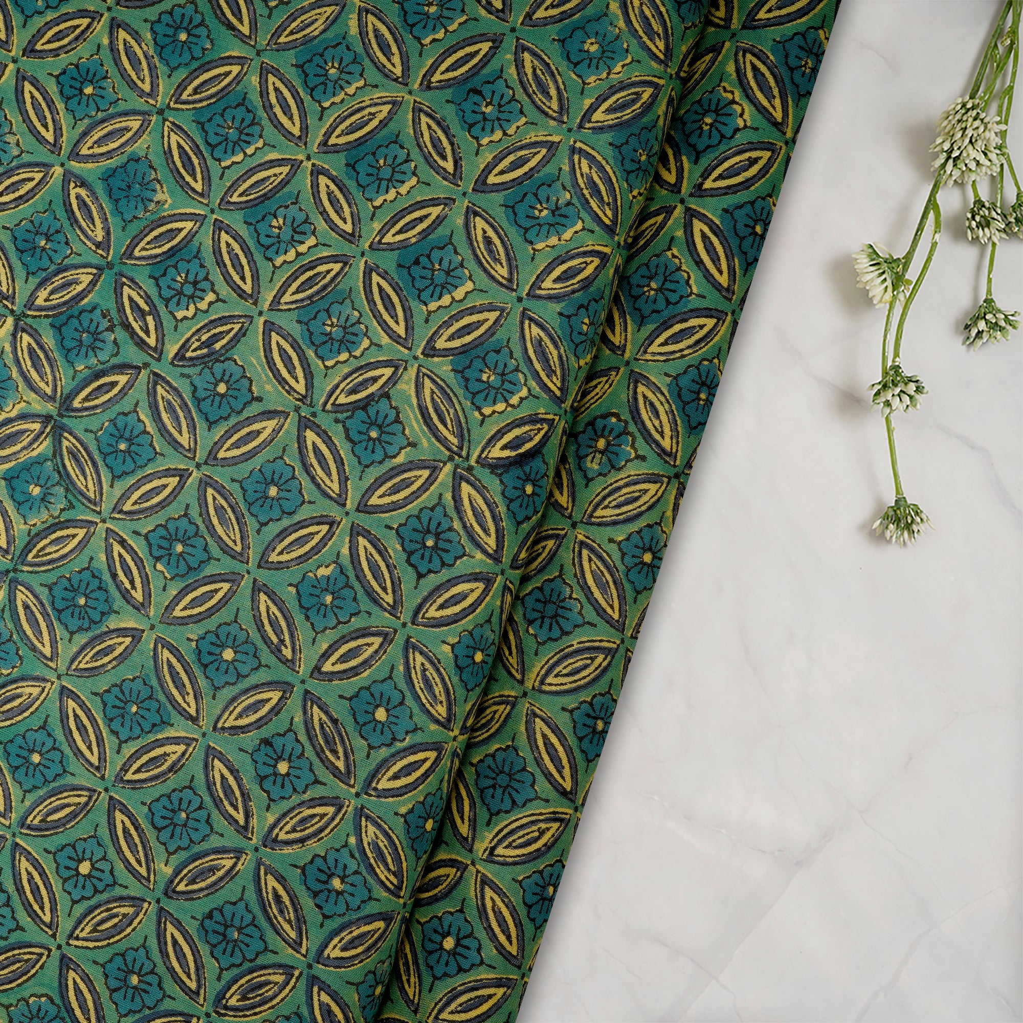 Buy Green Geometric Pattern Bagru Hand Block Printed Cotton Fabric ...