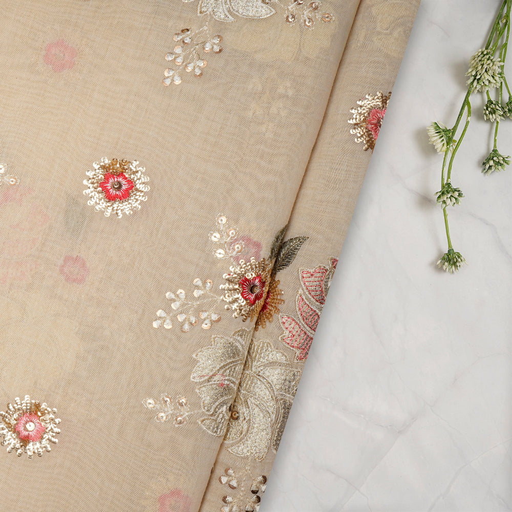 Buy Cream Color Sequins Embroidered Chanderi Fabric 74032-18/2 | FFAB
