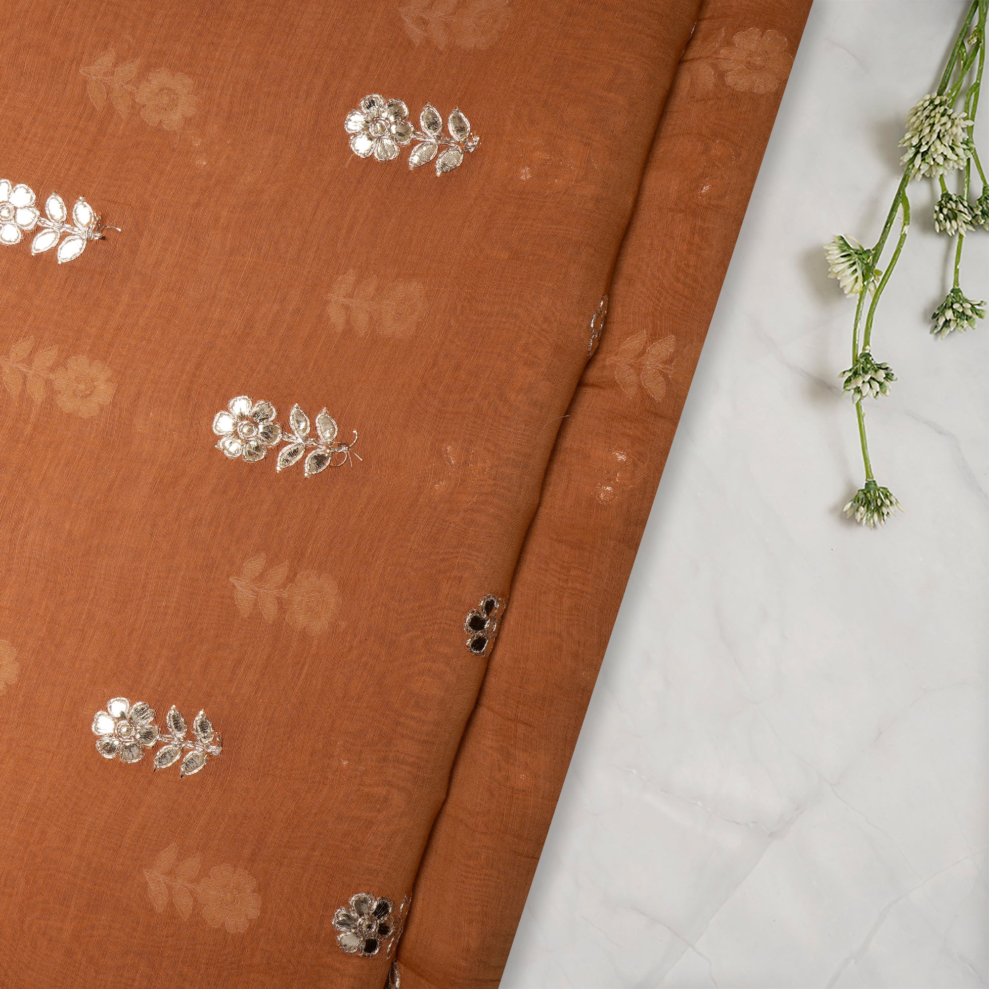 Buy Orange Floral Boota Embroidered Fine Chanderi Fabric 74058-d/7 | FFAB