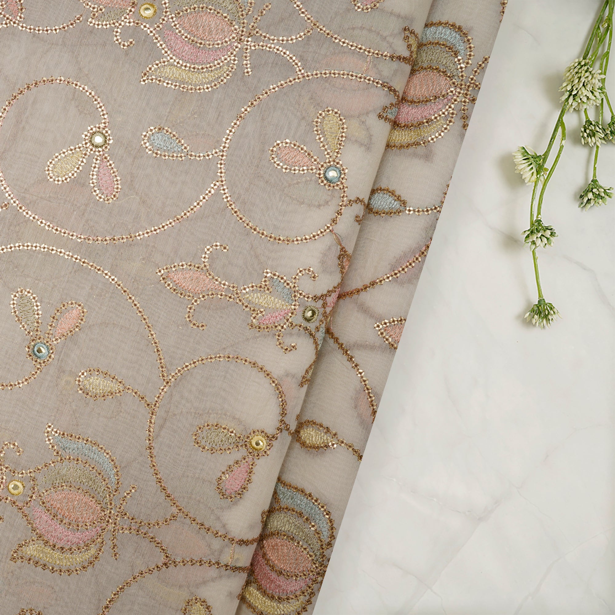 Buy Off White-Beige All Over Pattern Embroidered Chanderi Fabric 74276 ...