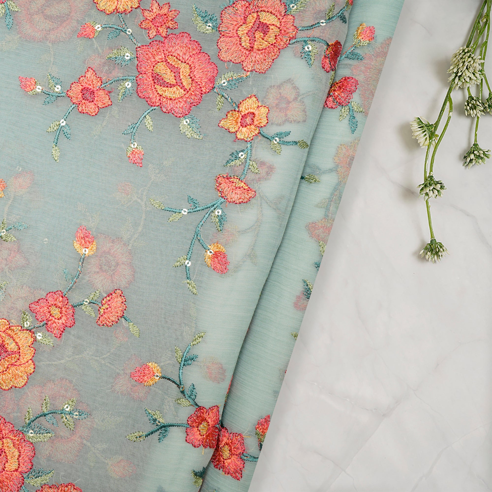 Buy Ice Wash Floral Pattern Thread Sequins Embroidered Bemberg Chiffon ...