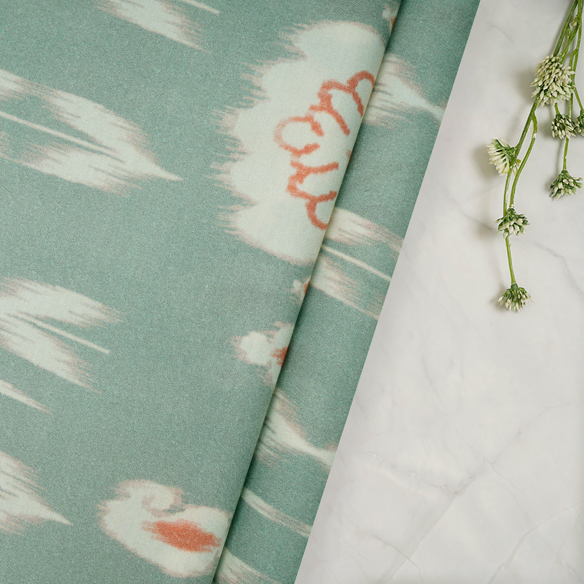 Buy Smoke Green Ikat Pattern Digital Printed Bemberg Muslin Fabric ...